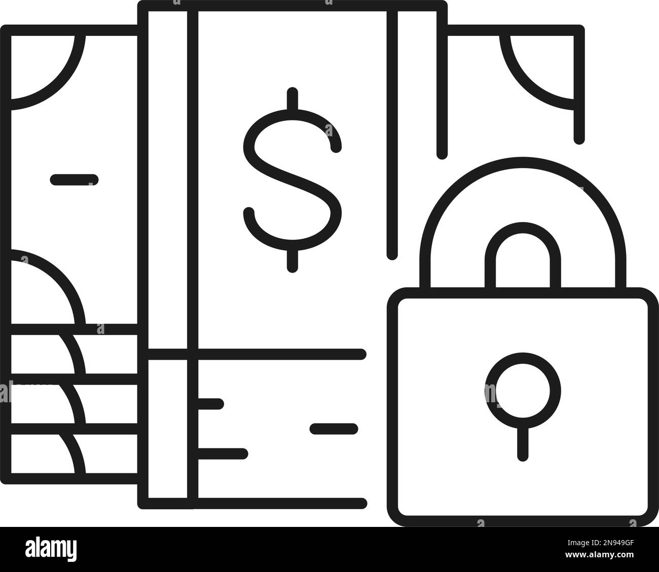 Pile of money banknotes with lock, secure payments lineal icon. Cash ...