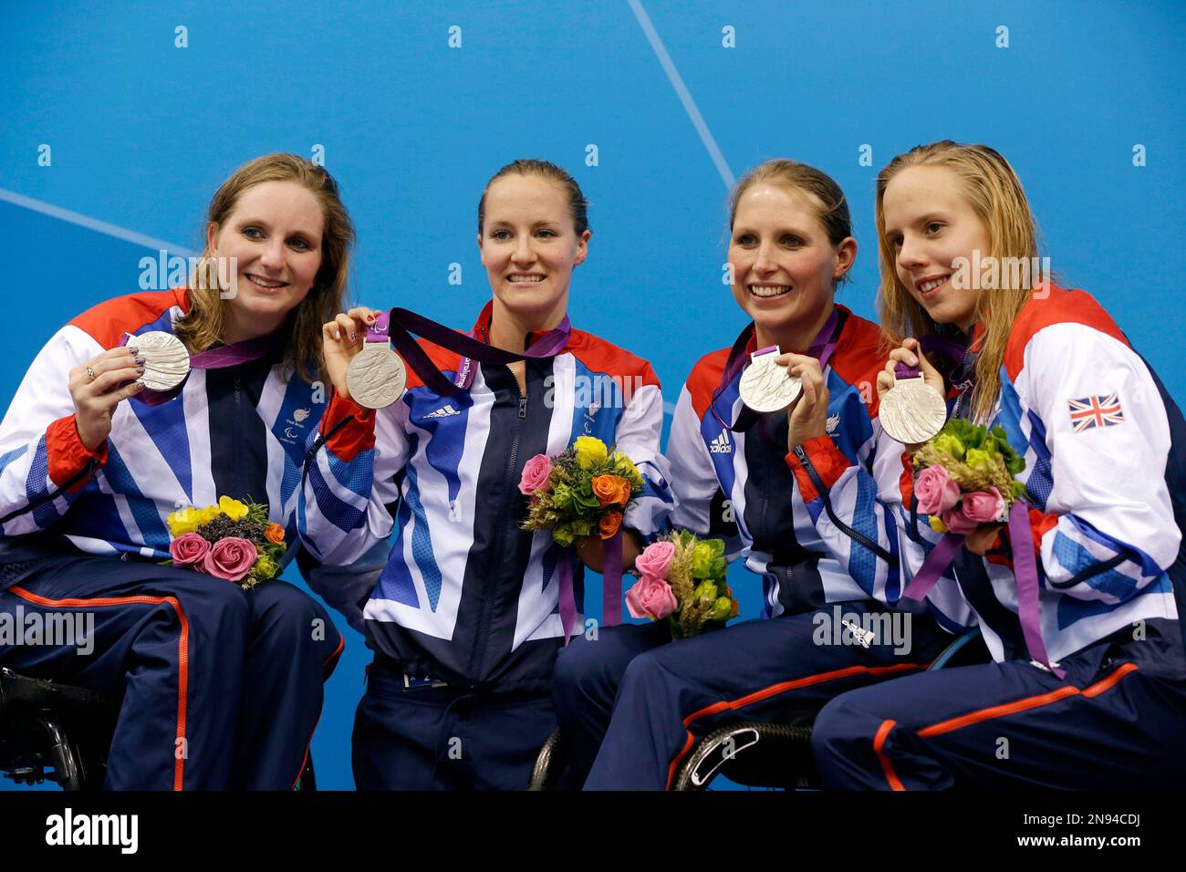 Britain's swimmers, from left, Heather Frederiksen, Claire Cashmore ...