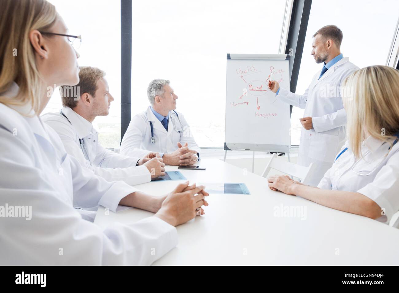 Team of doctors discuss mental health conceptual presentation in ...