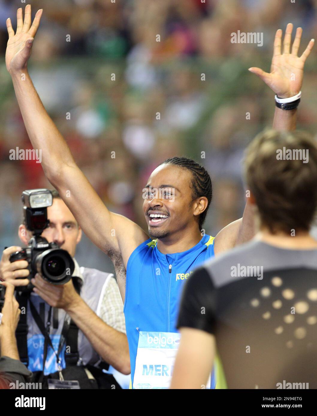 US athlete Aries Merritt celebrates winning the 110 meters hurdles and ...