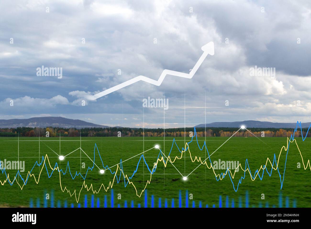 Land value landscape of green field or agriculture farm, growth graph ...