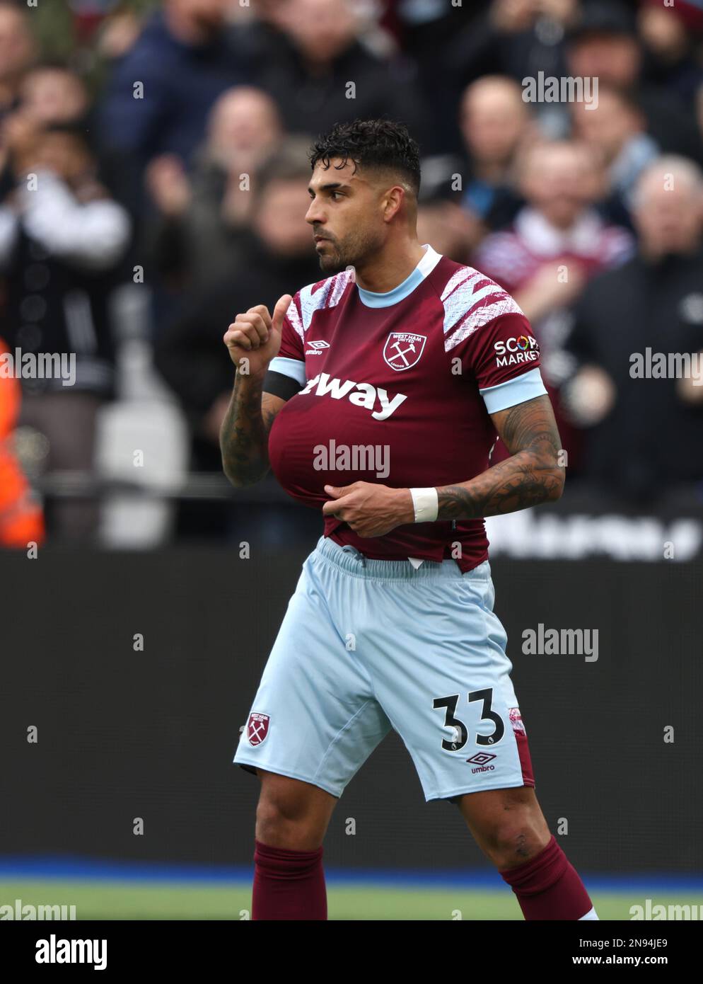 London, UK. 11th Feb, 2023. Emerson Palmieri (WHU) celebrates scoring ...
