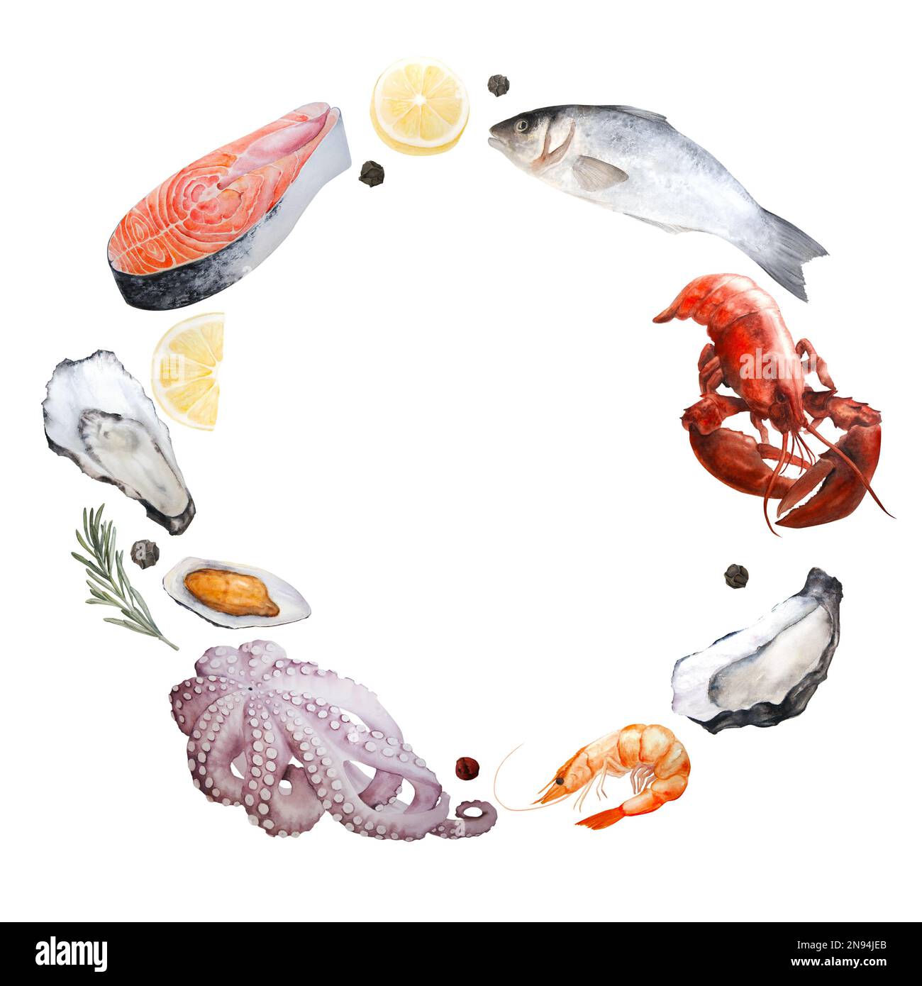Seafood watercolor illustration, round frame on white background Stock ...