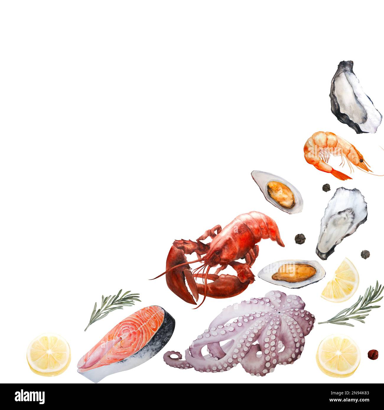 Seafood watercolor illustration, diagonal frame on white background ...