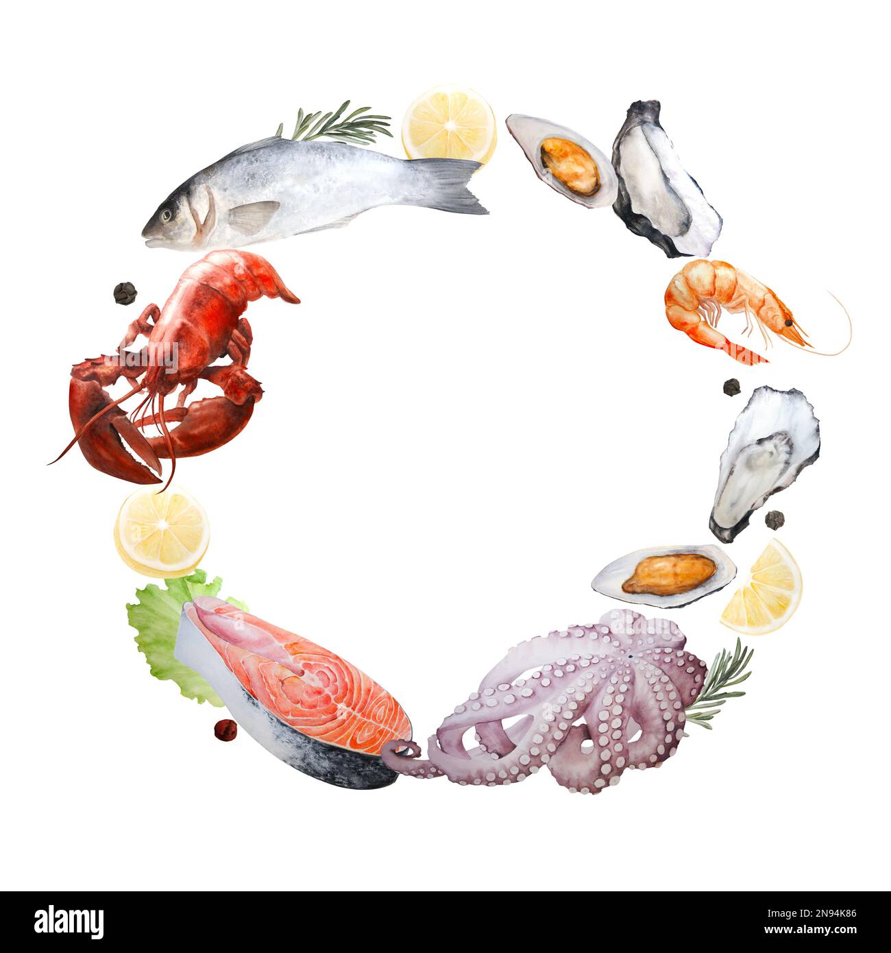 Seafood watercolor illustration, round frame on white background Stock ...
