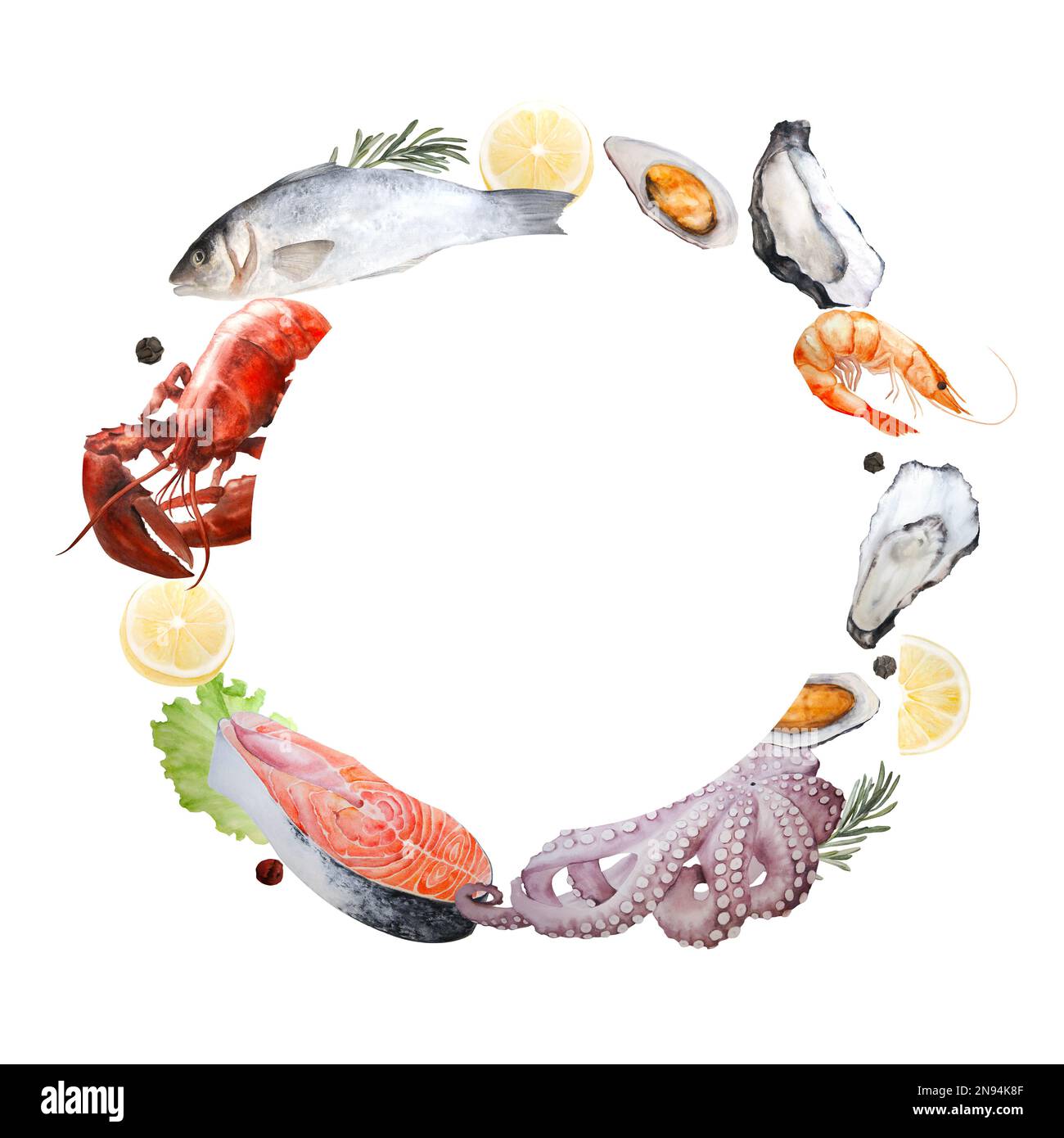 Seafood watercolor illustration, round frame on white background Stock ...