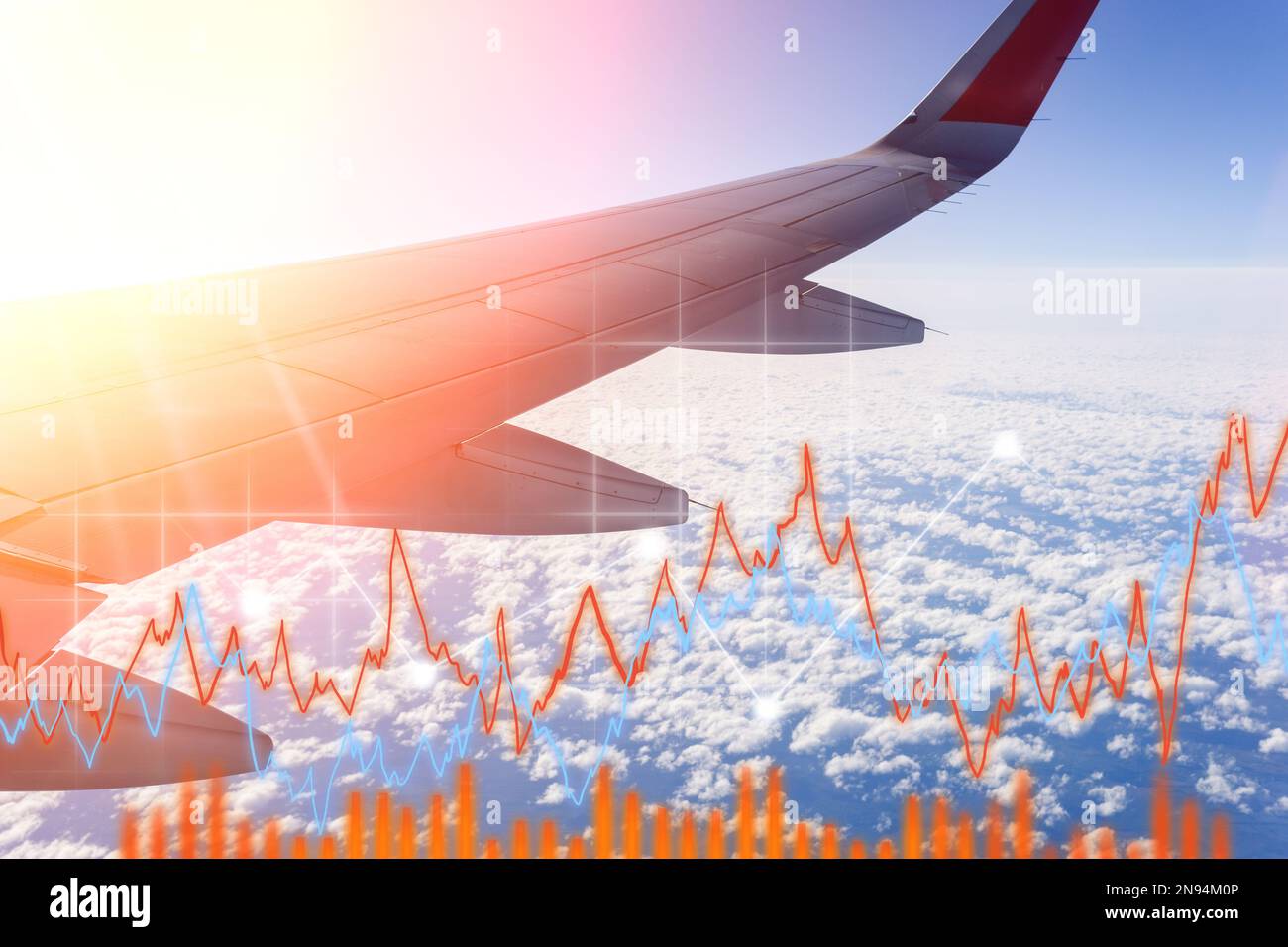 Plane flying over the sea view from the plane window. the concept of ...