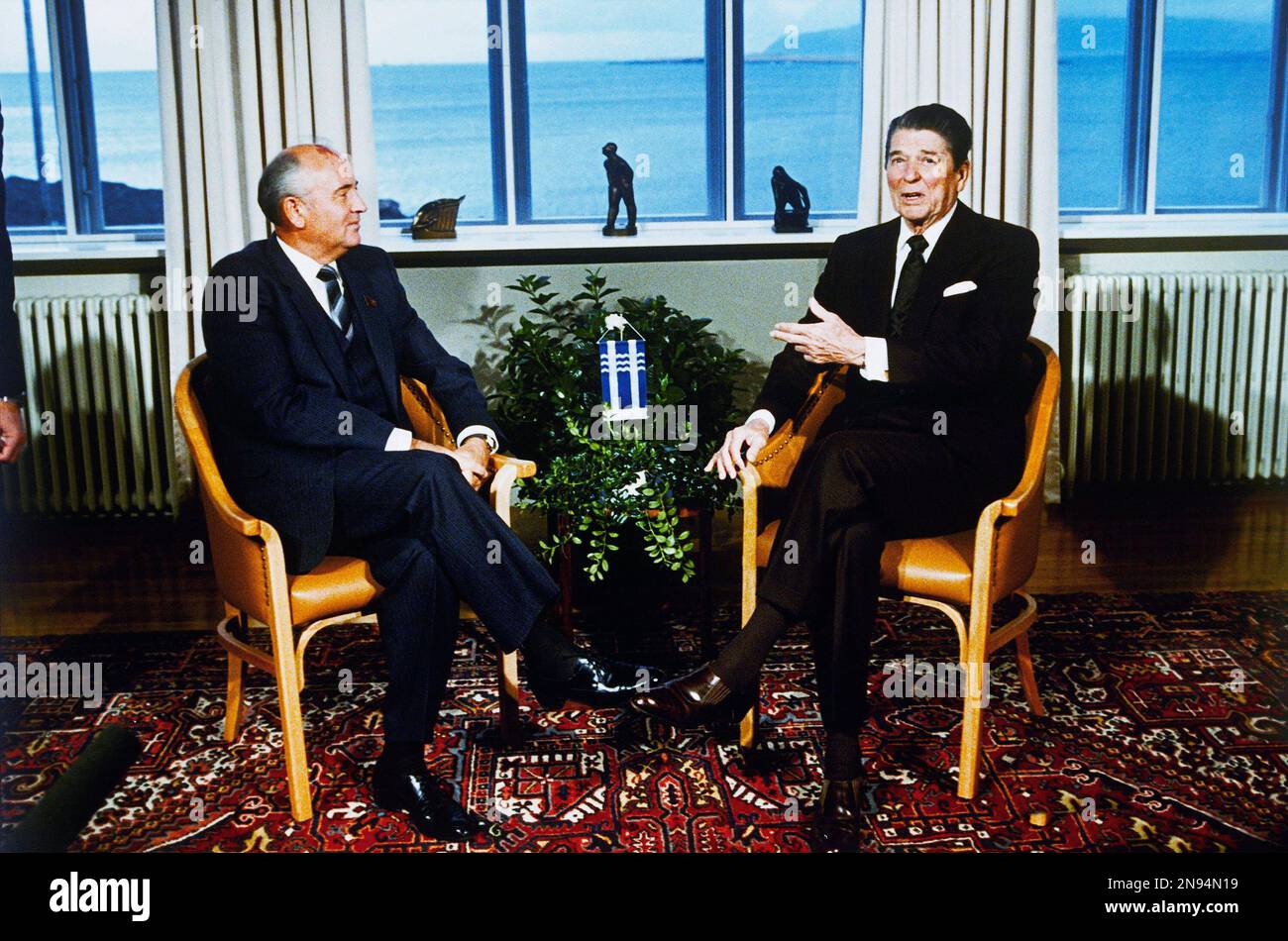 Soviet leader Mikhail Gorbachev, left, and U.S. President Ronald Reagan ...