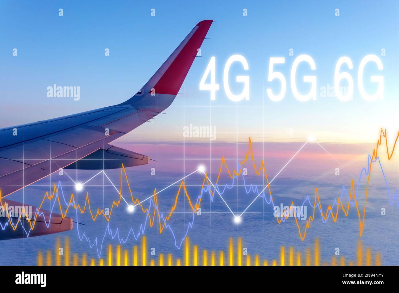 Plane flying over the sea view from the plane window. 4G, 5G, 6G ...