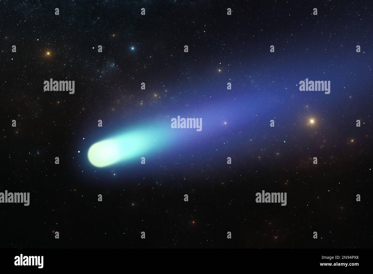 Falling bright comet and tail with large dust and gas trails on sky background. 3d illustration ...