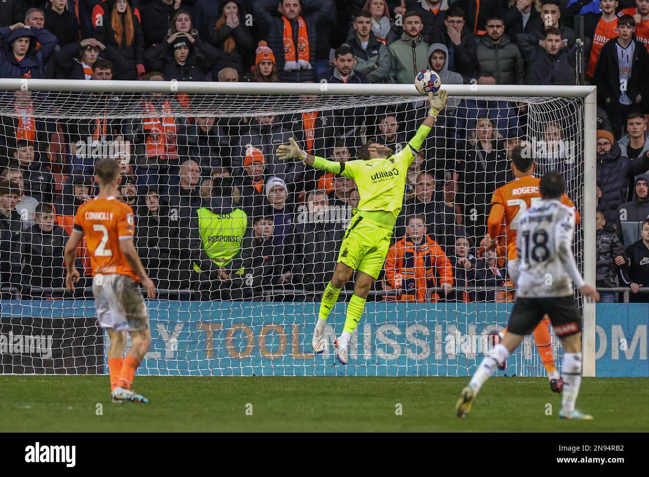 Chris Maxwell #1 of Blackpool makes a fingertip save on his goal line ...