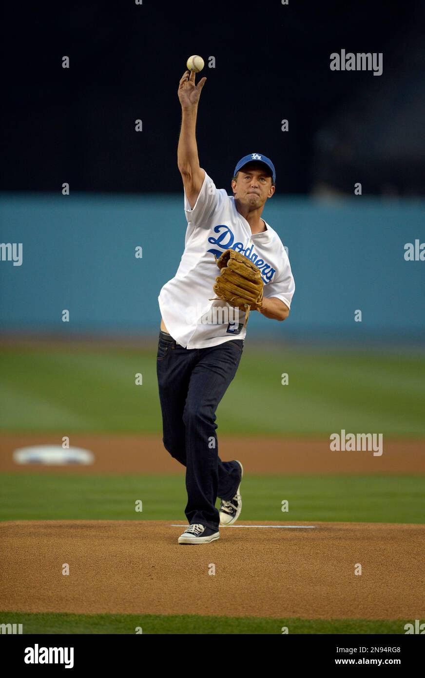 Actor Matthew Perry throws out the ceremonial first pitch prior to the ...