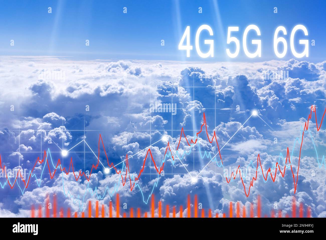 4G 5G 6G speed telecommunications. Technology symbol on blue sky ...