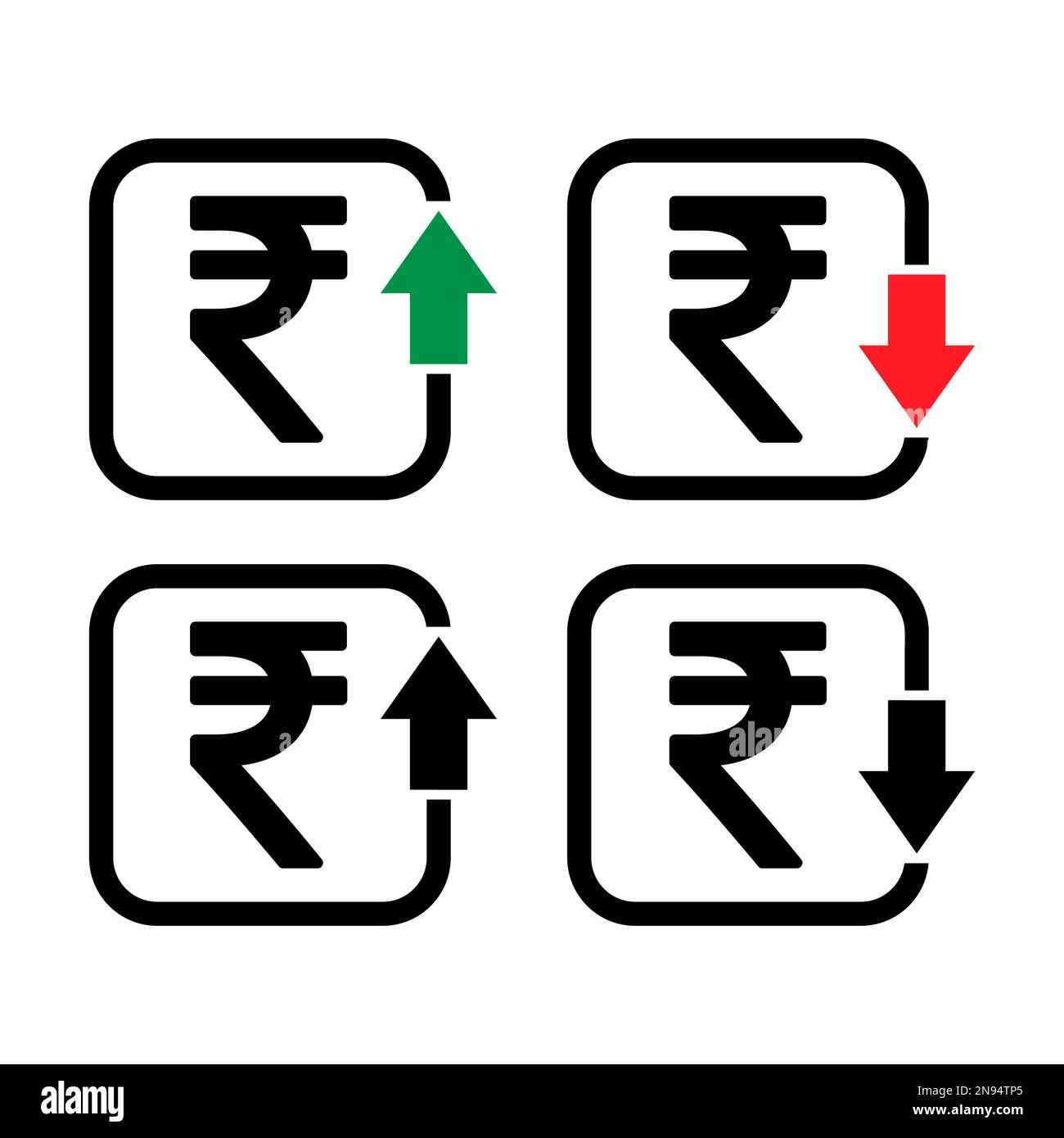 Set of cost symbol rupee increase and decrease icon. Money vector symbol isolated on background ...