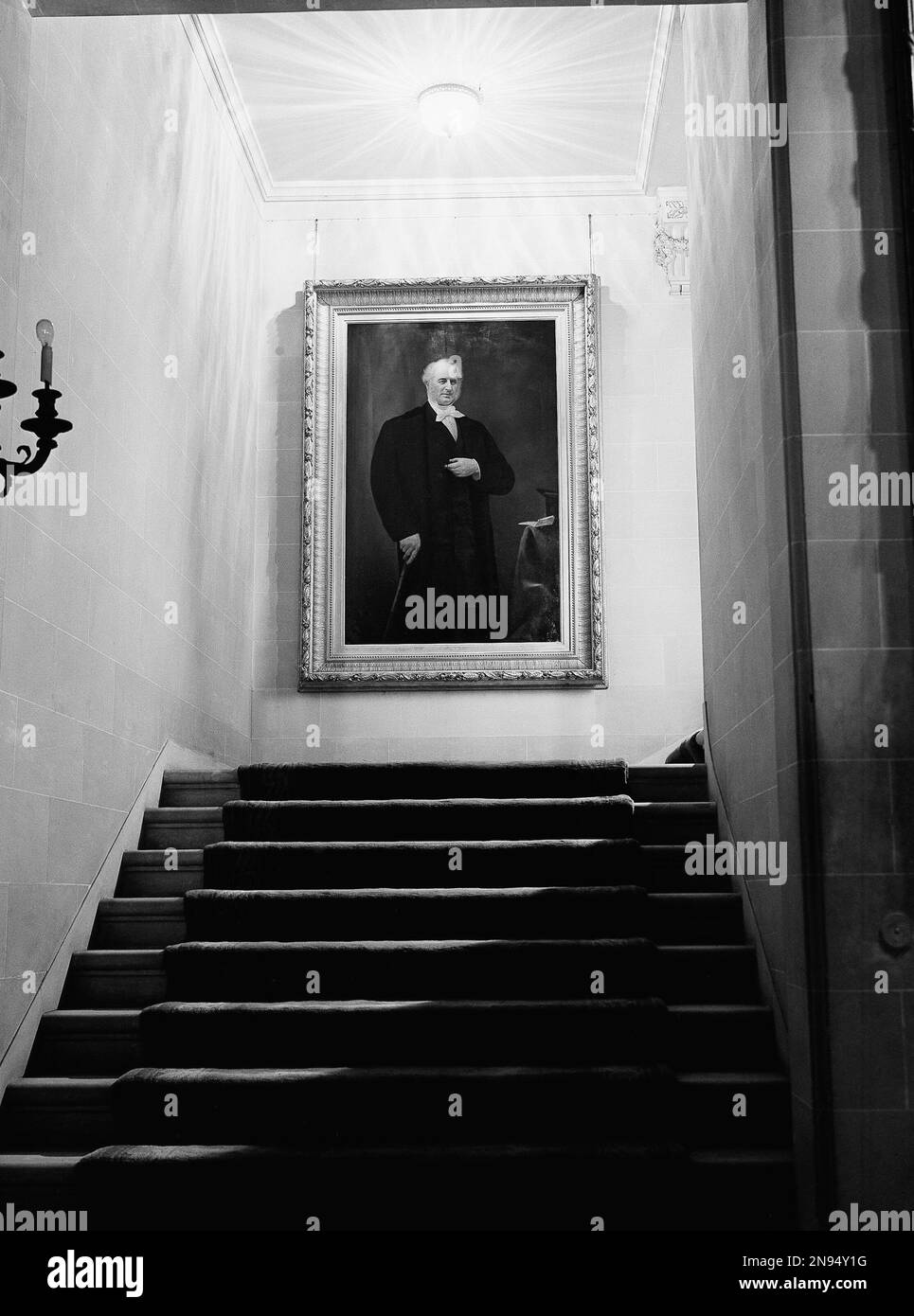 This portrait of Cornelius Vanderbilt is located at the landing of the ...
