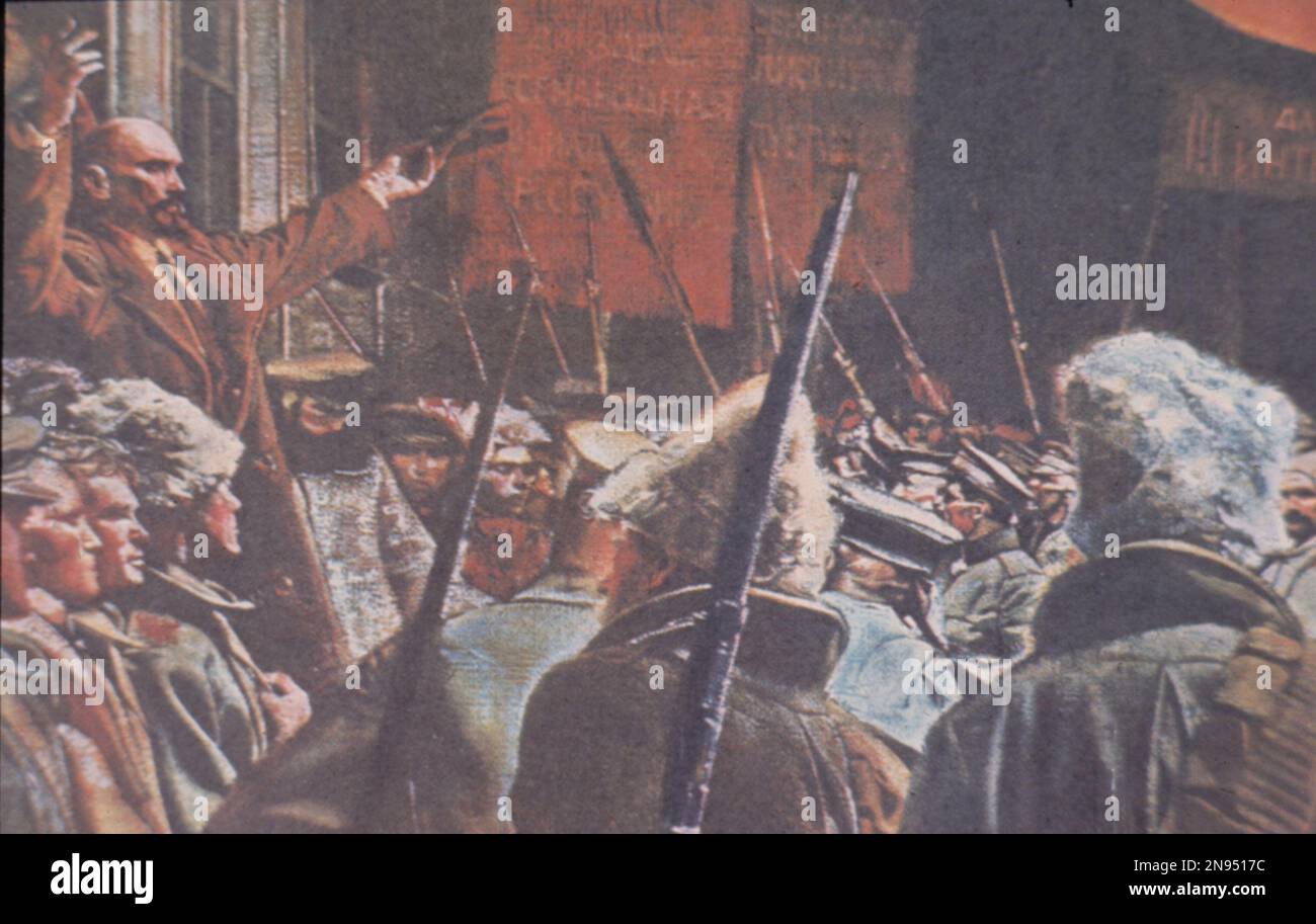 Vladimir Lenin speaks to his army in this painting depicting the ...