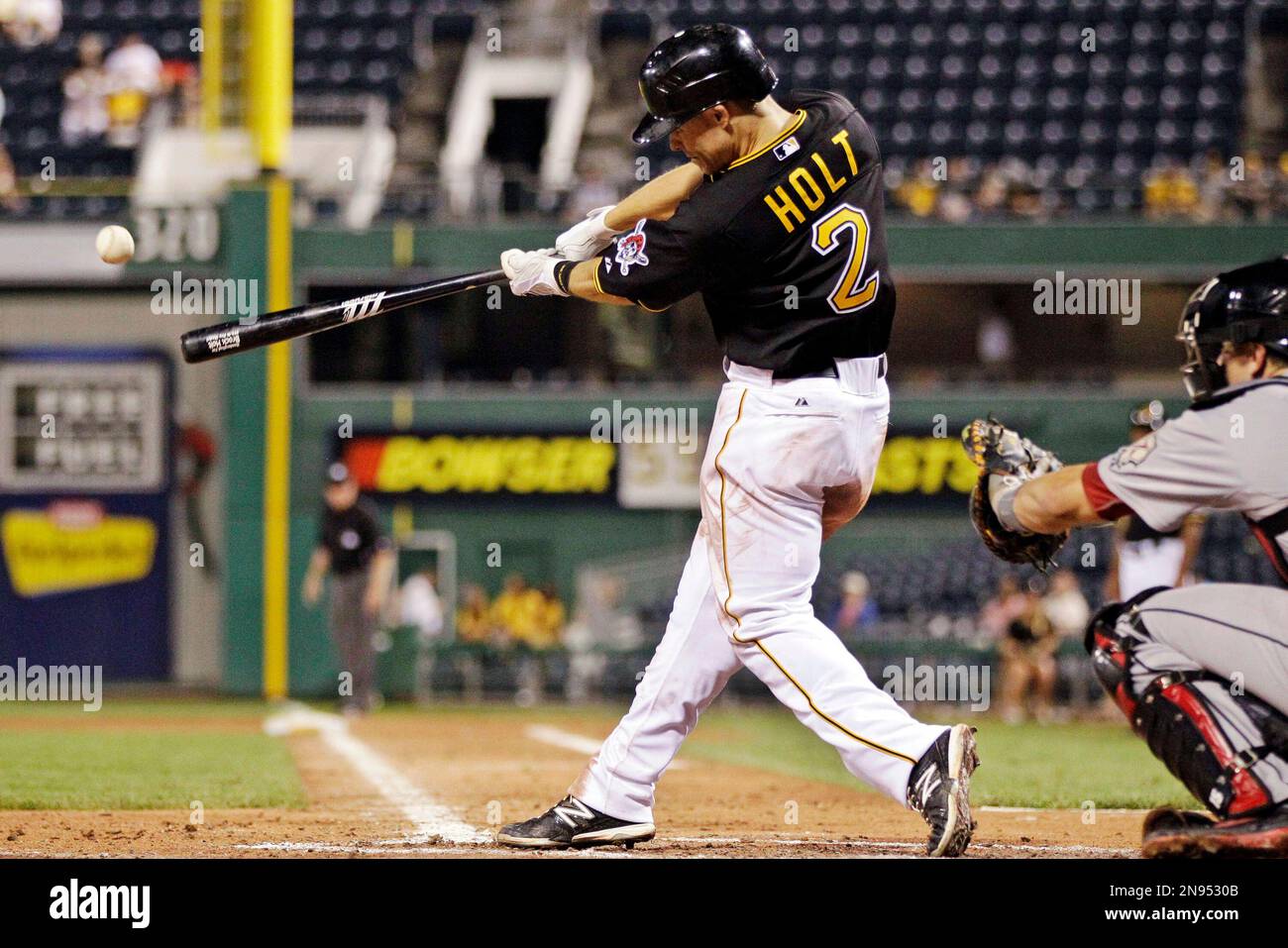 Pittsburgh Pirates' Brock Holt hits a double off Houston Astros relief ...