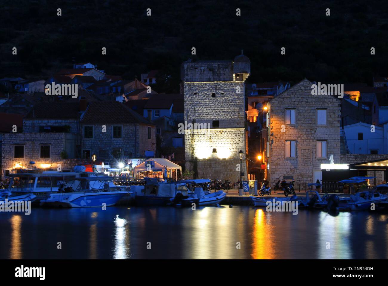 Perasti tower by night, Vis town, Vis island, Croatia Stock Photo - Alamy