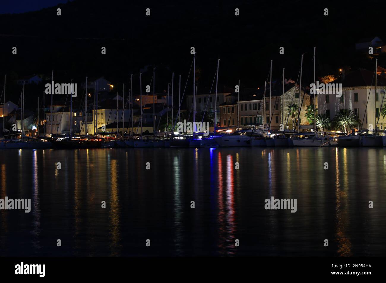 Old Harbour in Vis town, Vis island, Croatia, by night Stock Photo - Alamy