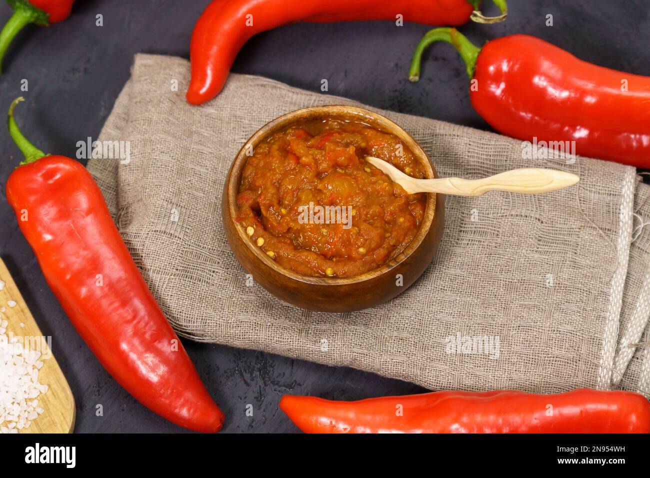Balkan snack of bell pepper Ajvar and eggplant. Vegan food. Healthy ...