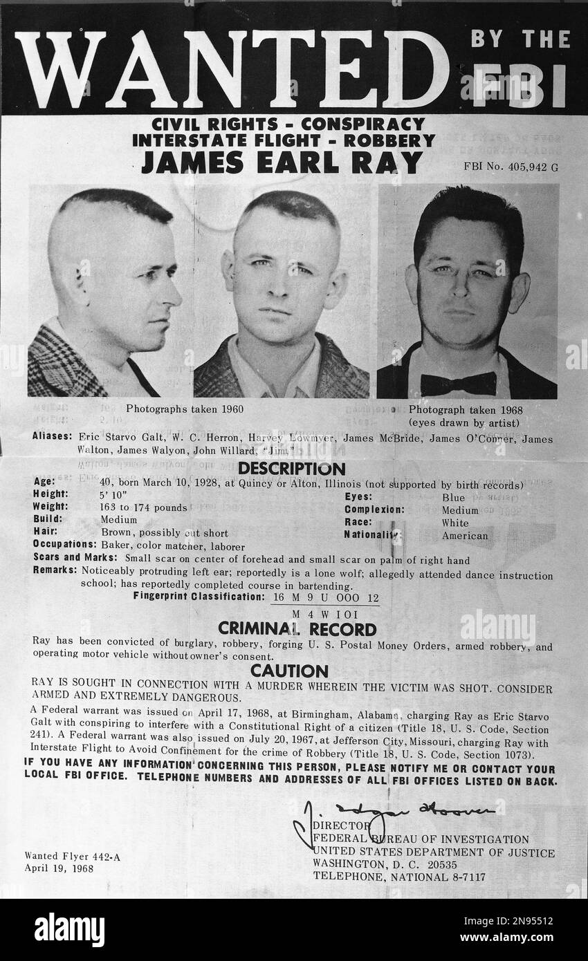 James Earl Ray is shown on an FBI poster, April 20, 1968. Ray is being ...