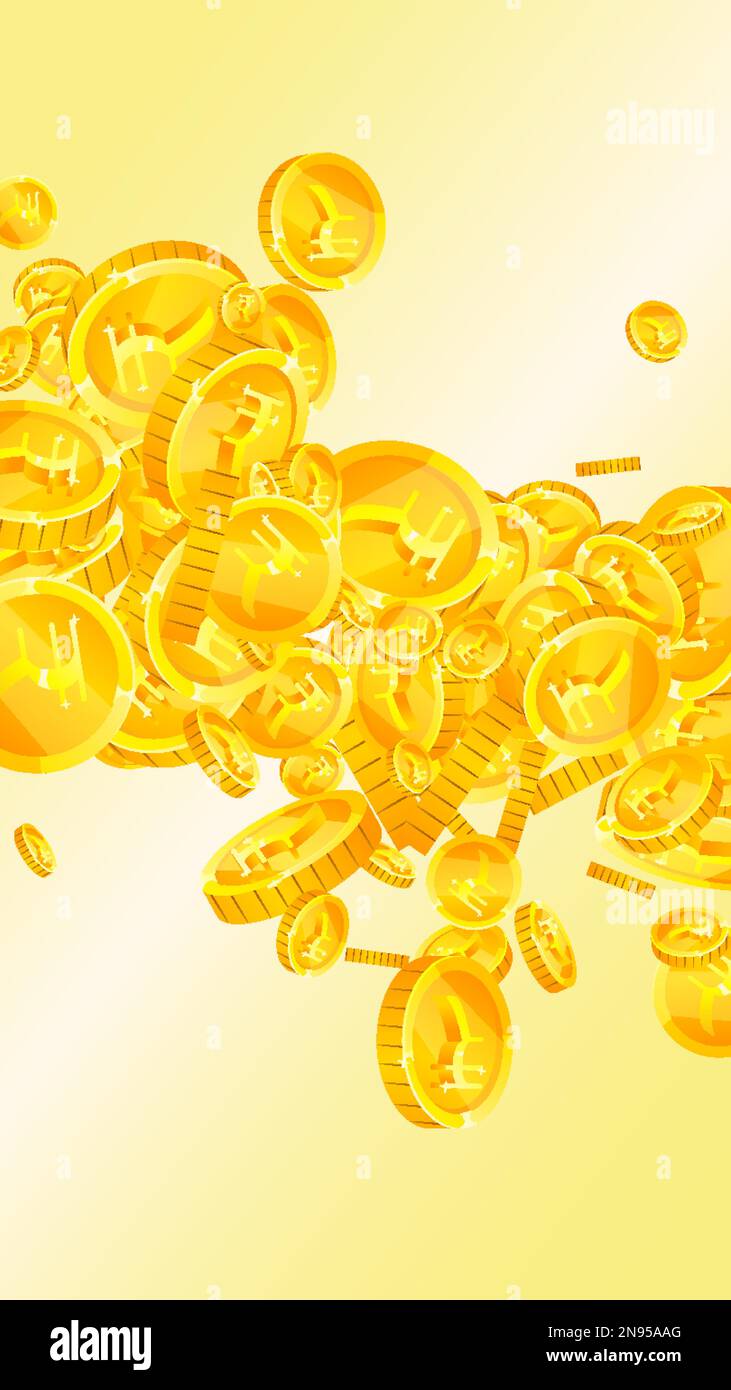 Indian rupee coins falling. Scattered gold INR coins. India money ...