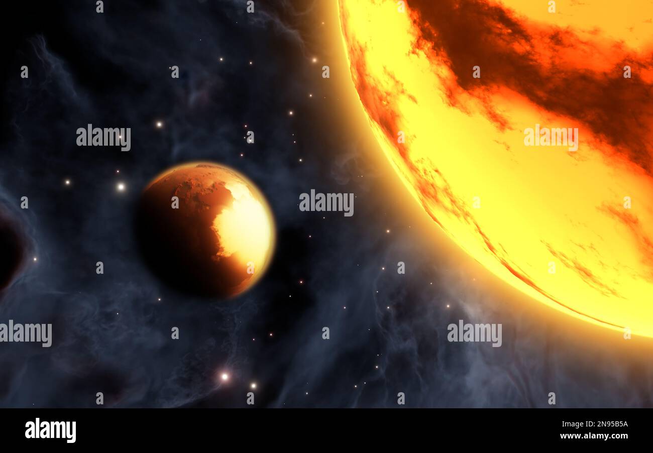 Alien super-Earth Gliese 486b and its nearby red dwarf star. 3D ...