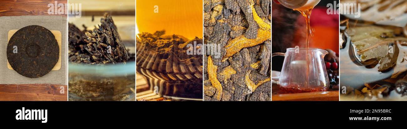 Chinese tea ceremony on dark background. Pouring tea collage ...