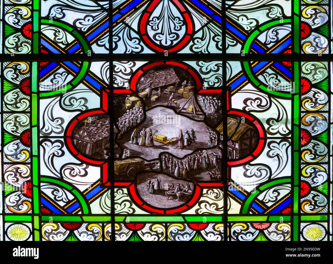 Stained glass window of foundation stones being laid in 1220, Salisbury ...