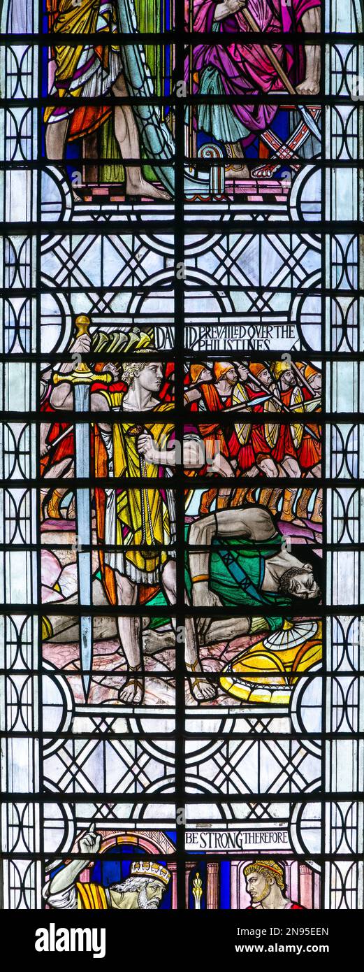 Detail of Arts and Crafts stained glass window Salisbury cathedral ...