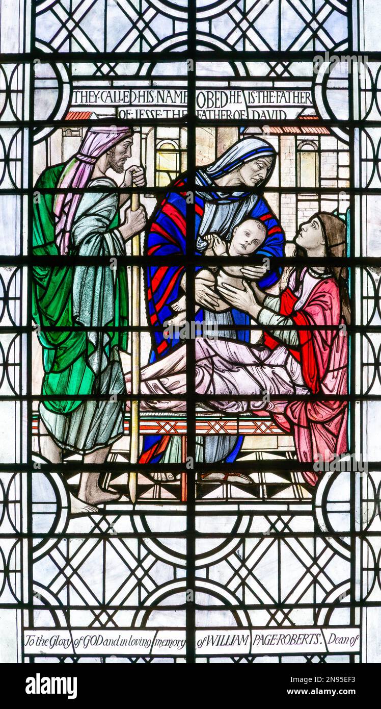 Detail of Arts and Crafts stained glass window Salisbury cathedral ...