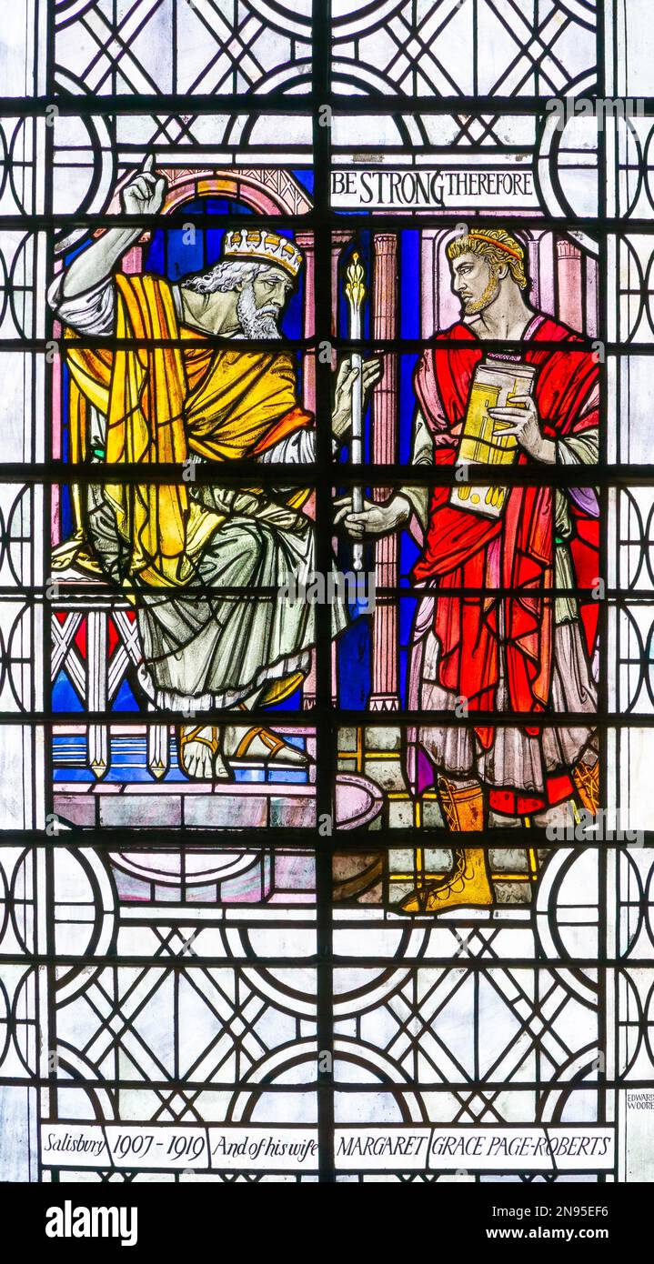 Detail of Arts and Crafts stained glass window Salisbury cathedral ...