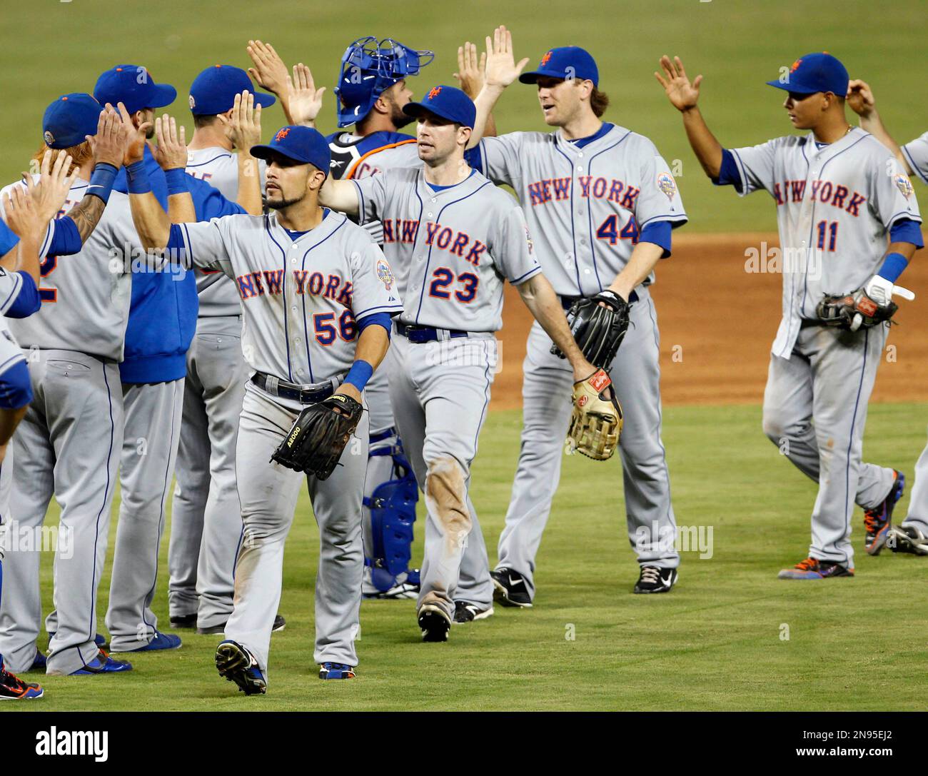 New York Mets' Andres Torres (56), Mike Baxter (23), Jason Bay (44) and ...