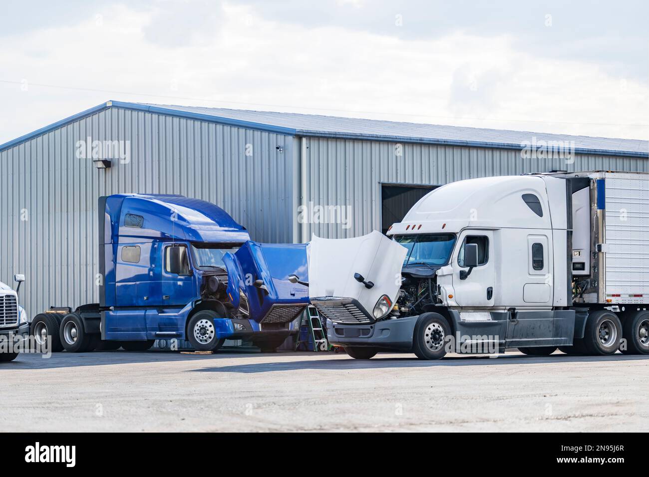 Bonnet industrial freight broken big rig semi trucks with open hoods ...