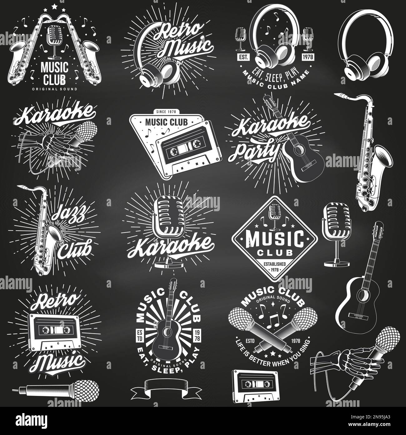 Retro music poster, banner on chalkboard. Retro microphone, saxophone ...