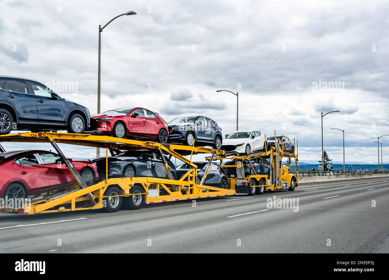 Industrial grade professional classic big rig car hauler yellow semi ...
