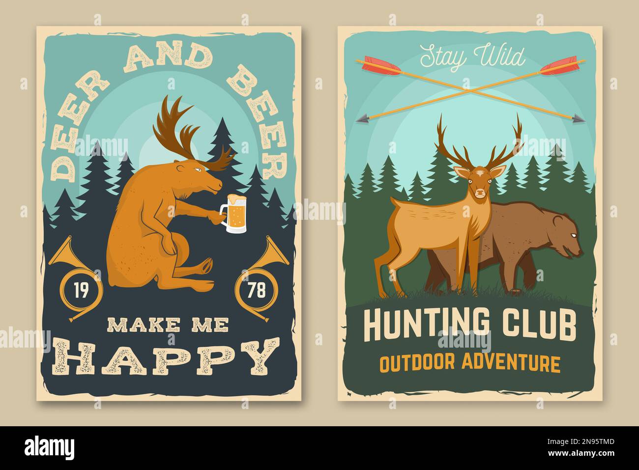 Hunting club retro posters. Deer and beer make me happy. Vector ...