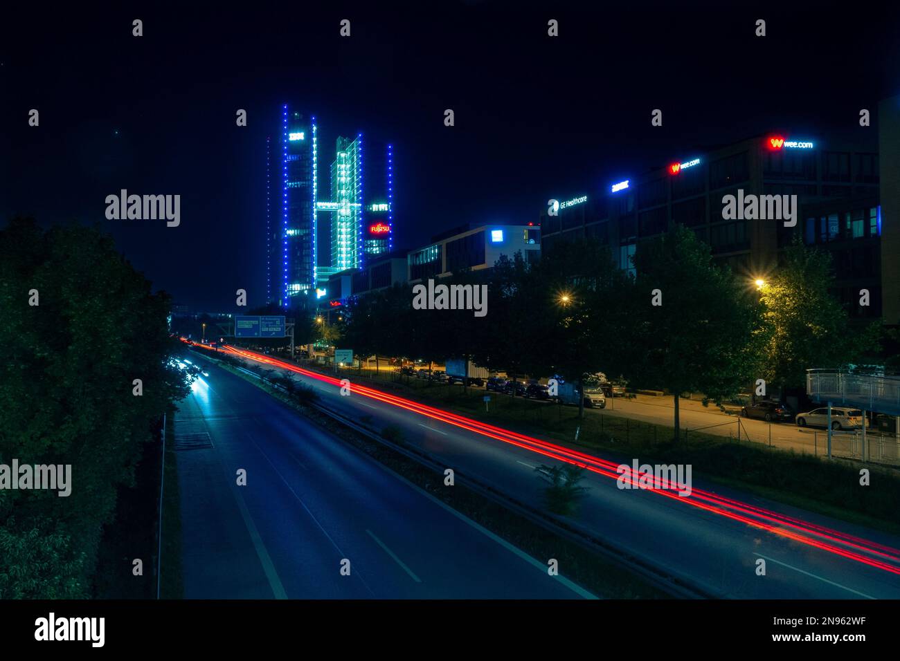 The Highlight Towers in Munich, Germany with A9 highway shot in long ...