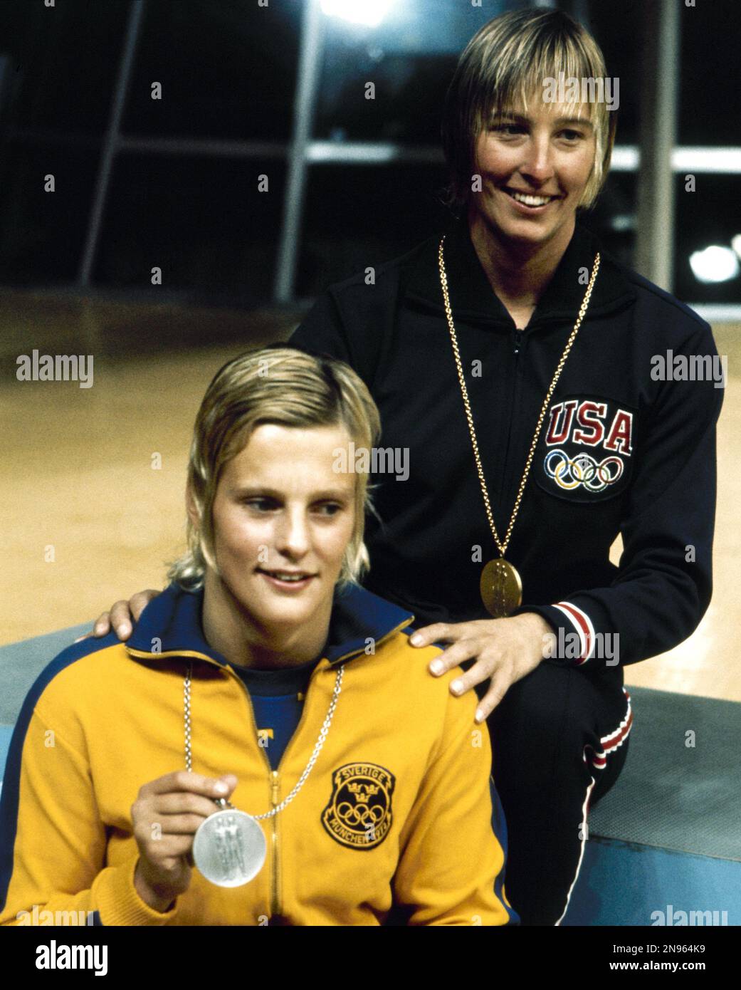 Ulrika Knape of Sweden shows her silver medal she won in the Women's 3 ...