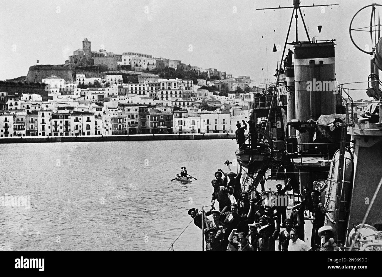 Spanish government warships in the harbour of Ibiza, off the eastern ...