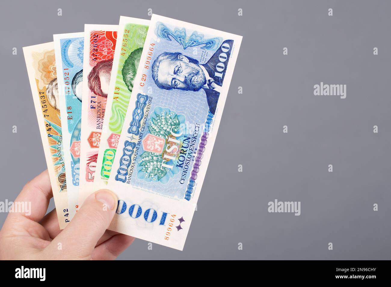 Czechoslovak money - Crowns in the hand on a gray background Stock ...