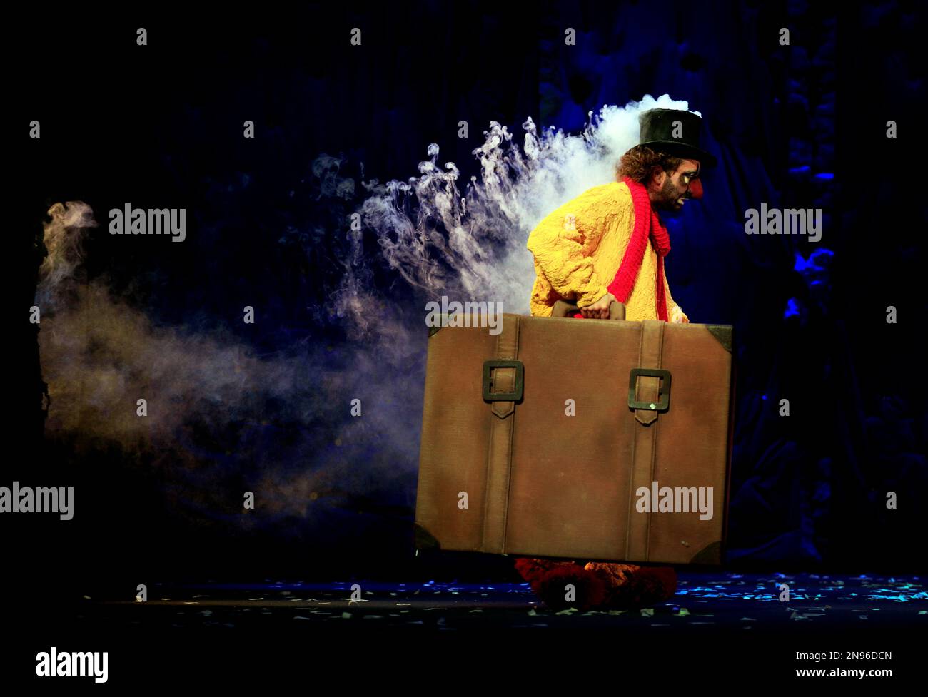 A clown performs during a media preview of "Slava's Snowshow" on ...