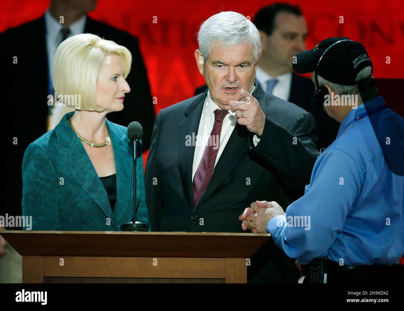Former House Speaker Newt Gingrich and his wife Callista look over the ...