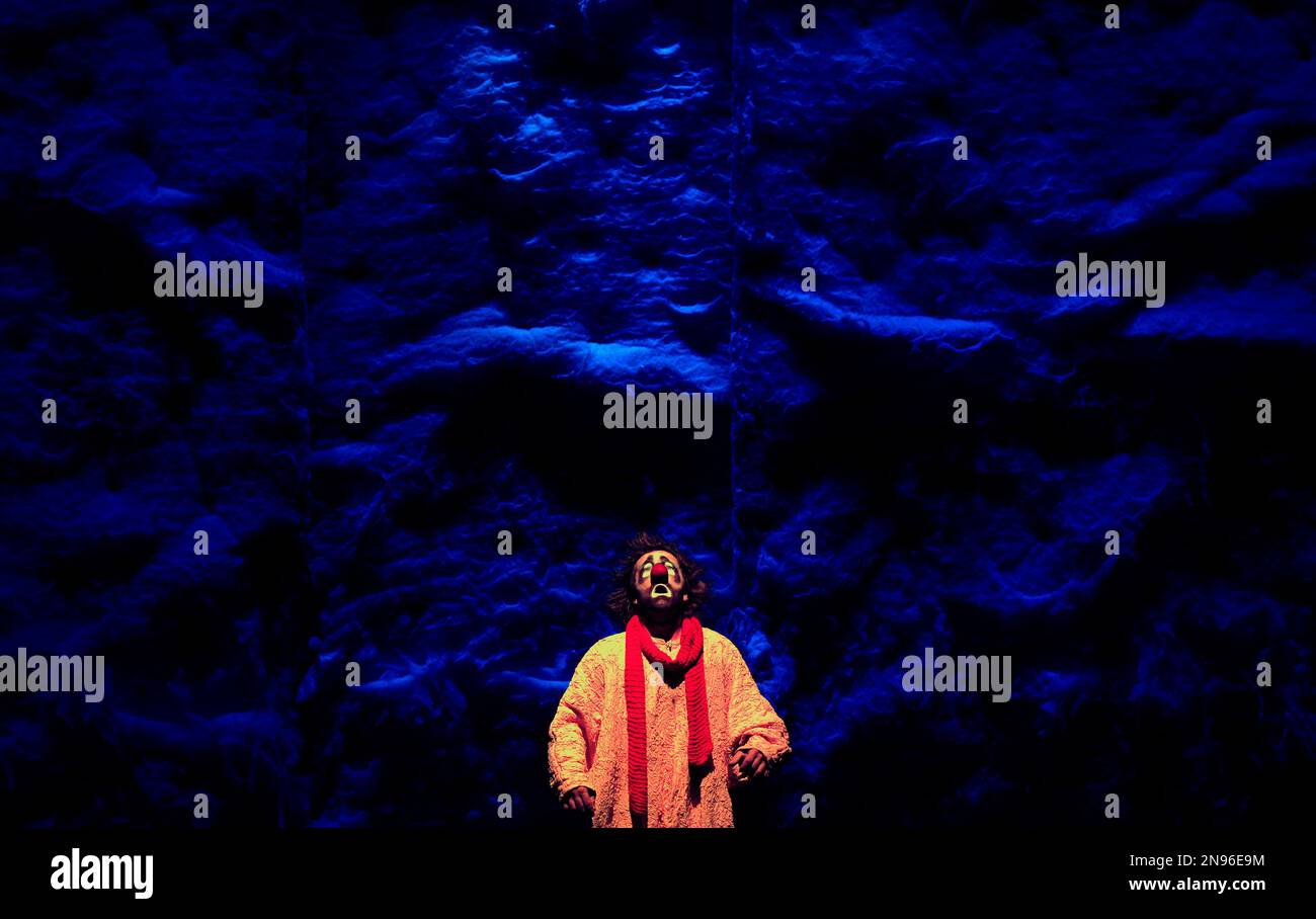 A clown performs during a media preview of "Slava's Snowshow" on ...