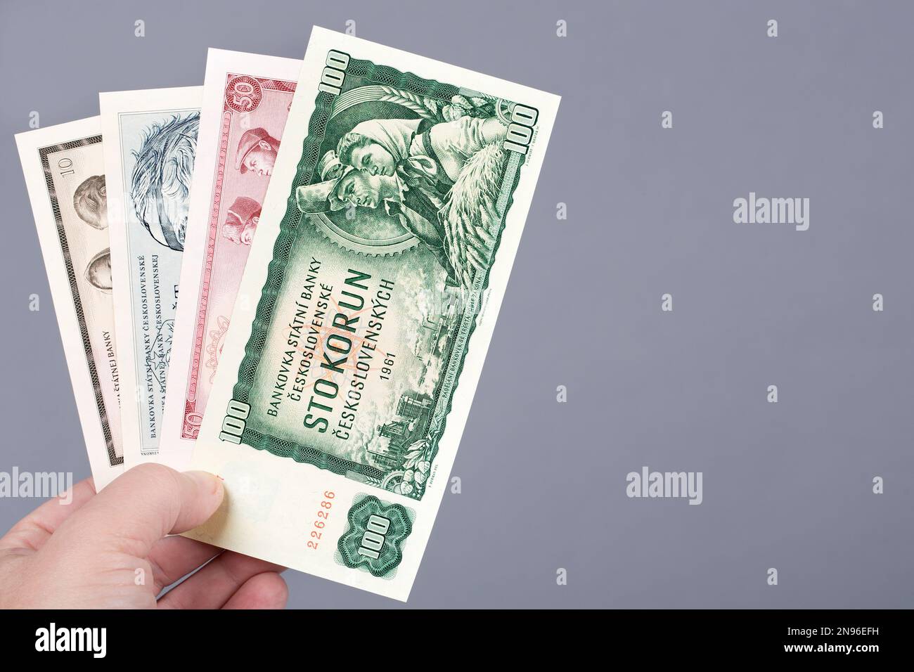 Czechoslovak money - Crowns in the hand on a gray background Stock ...