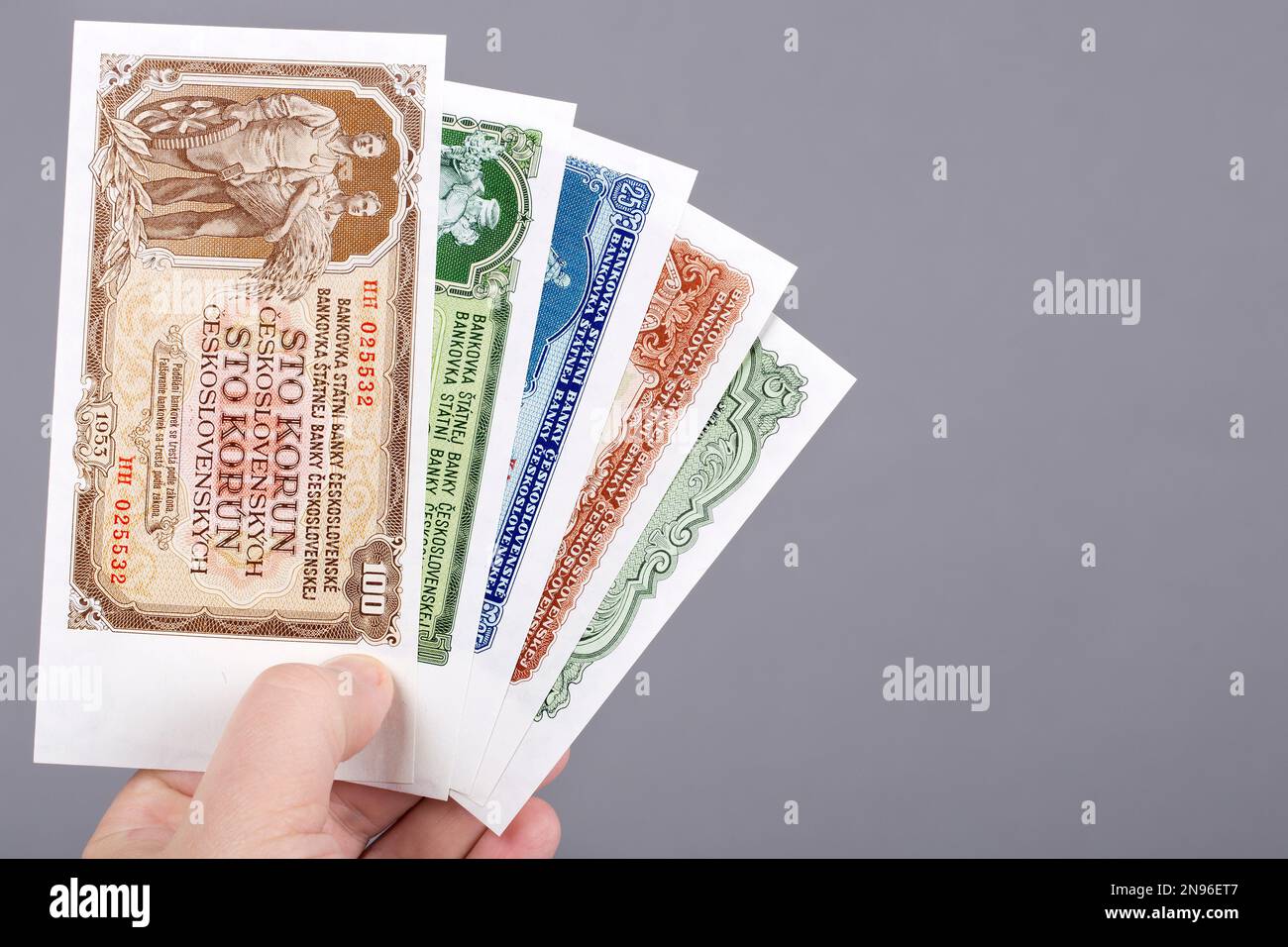 Czechoslovak money - Crowns in the hand on a gray background Stock ...