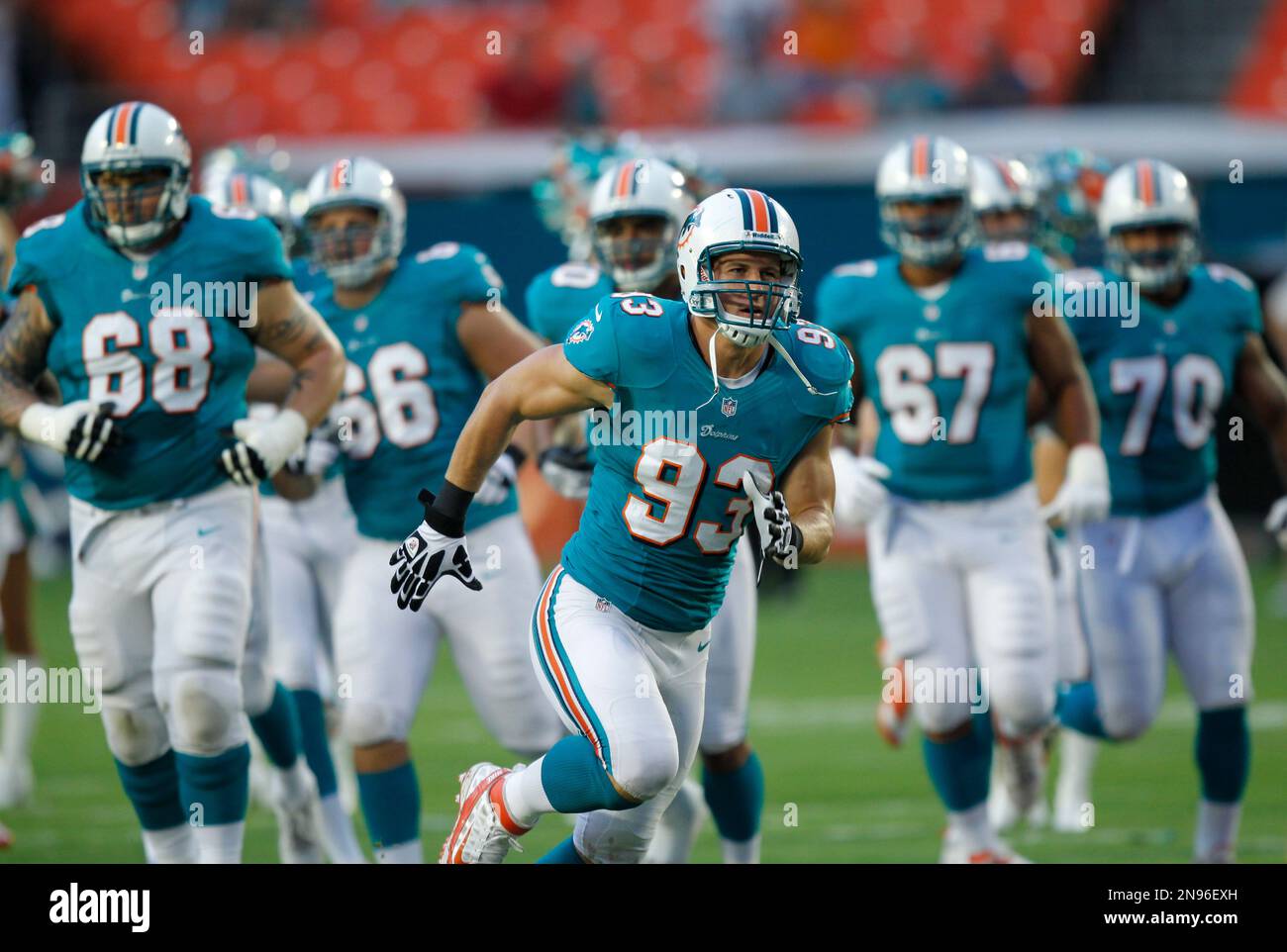 Miami Dolphins linebacker Jason Trusnik (93) is shown as the team runs ...