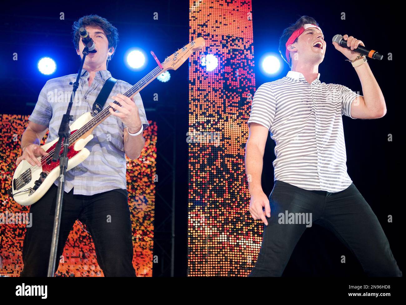 Musician Cameron Quiseng, left, and singer Zachary Porter of Allstar Weekend perform on-stage ...