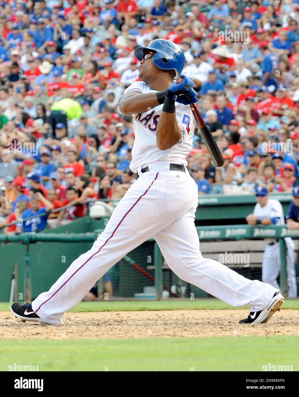 Texas Rangers Adrian Beltre follows through on a swing during a ...