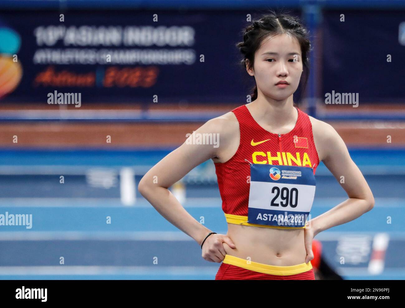 Astana, Kazakhstan. 12th Feb, 2023. Shao Yuqi of China reacts during the women's high jump final ...